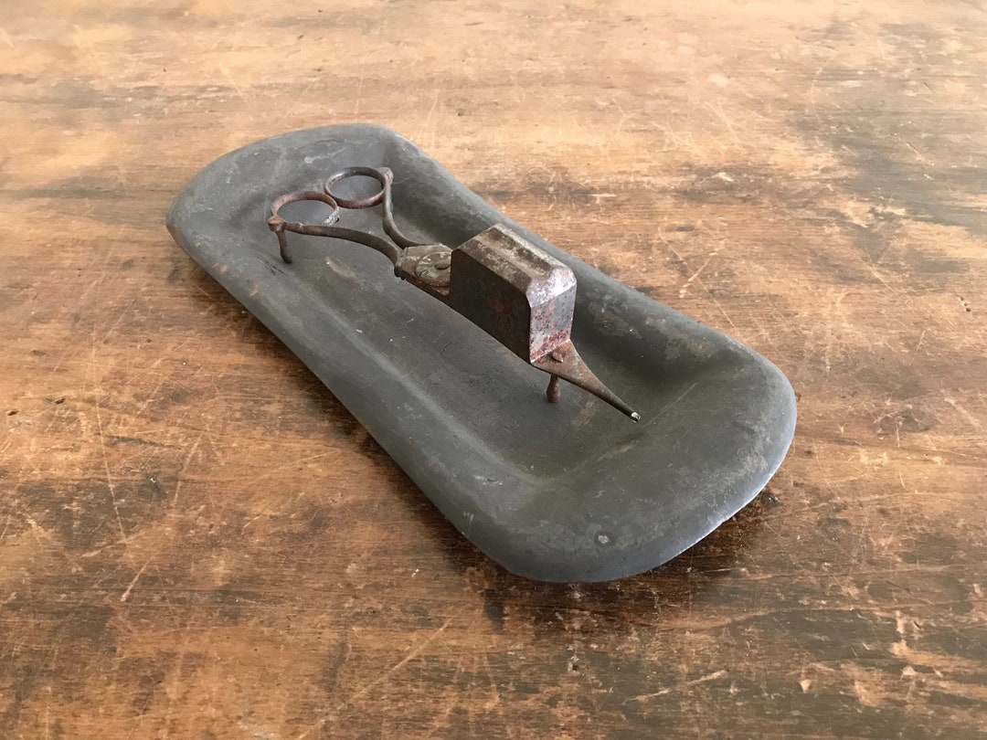 Candle Snuffer or Wick Trimmer Together With A Japanned Tin Undertray ...