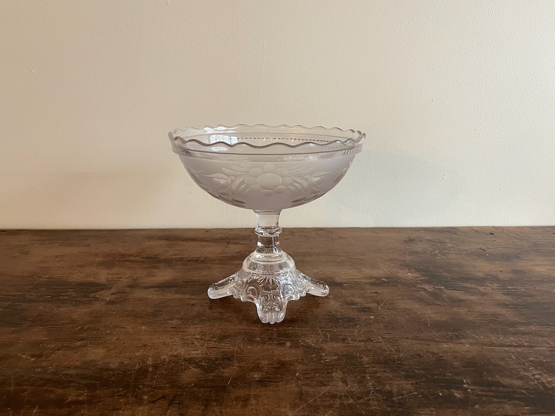 Pressed Glass Compote, Frosted Bowl With Engraved Decoration, Late 19th ...