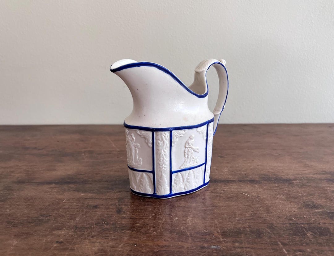 Castleford Type Felspathic Stoneware Cream Jug, Blue Enamel Striping ...