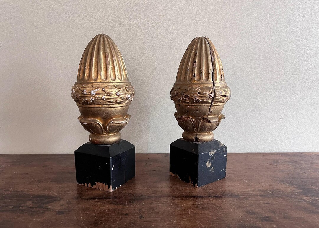 Pair Finials on Ebonized Plinths, Carved, Gessoed, and Gilt Wood, 19th ...