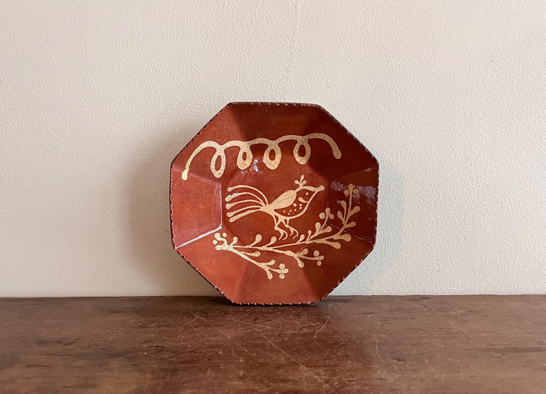 Vintage 19th Century Style Redware Bowl, Octagonal With Slip Trailed ...