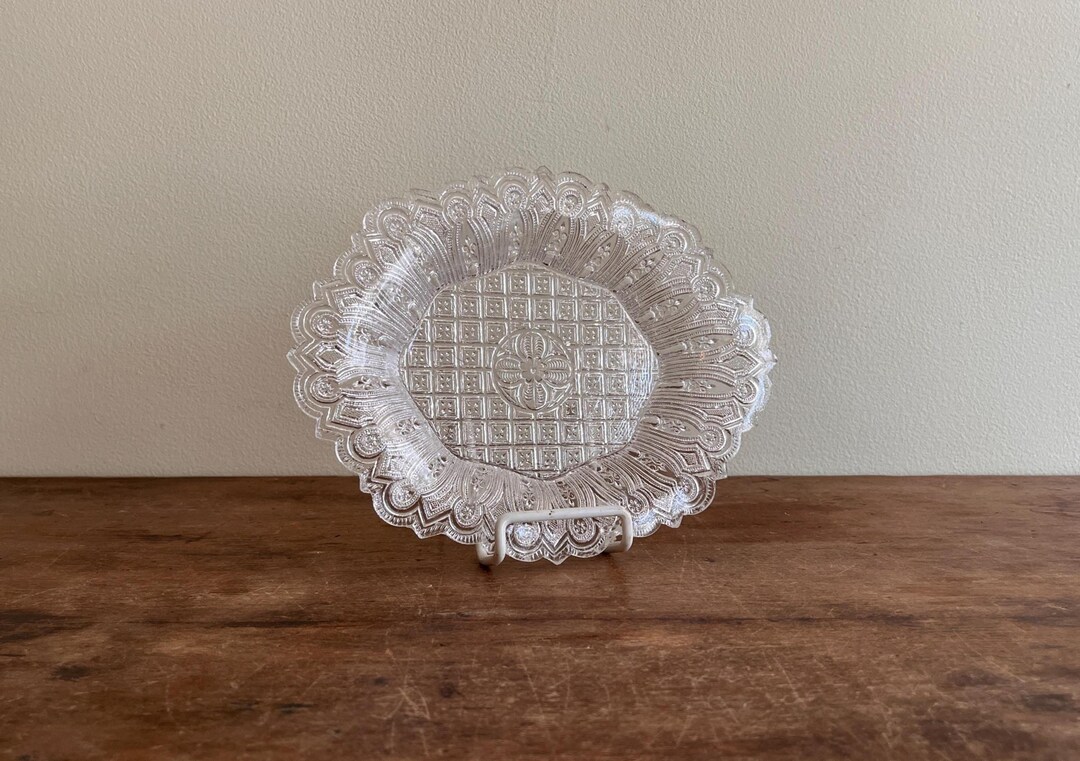 Gothic Arch Pattern Oval Lacy Dish, Colorless Lead Glass, Attributed to ...