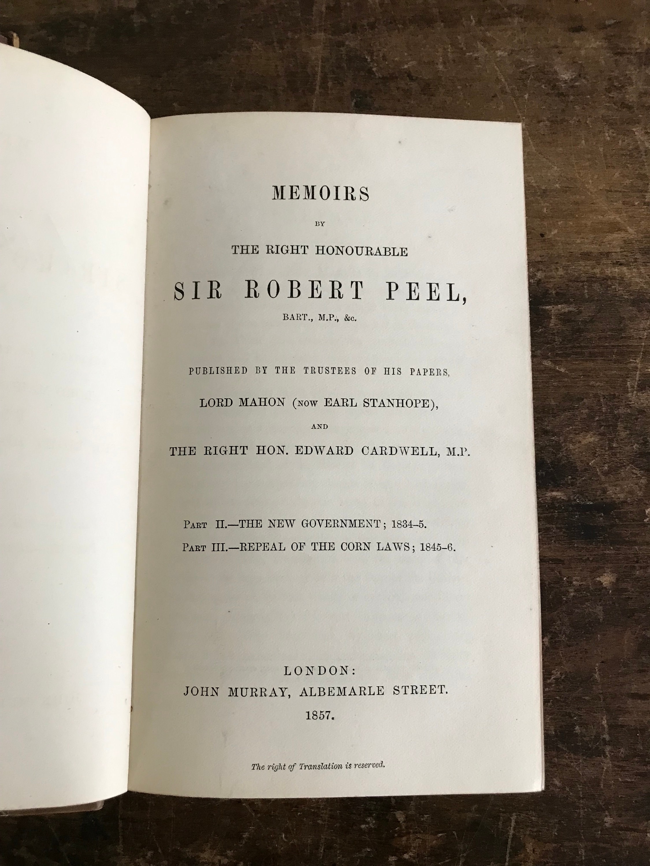 Memoirs by Sir R. Peel, Two Volume Set Half Bound in Leather, Ex Libris ...