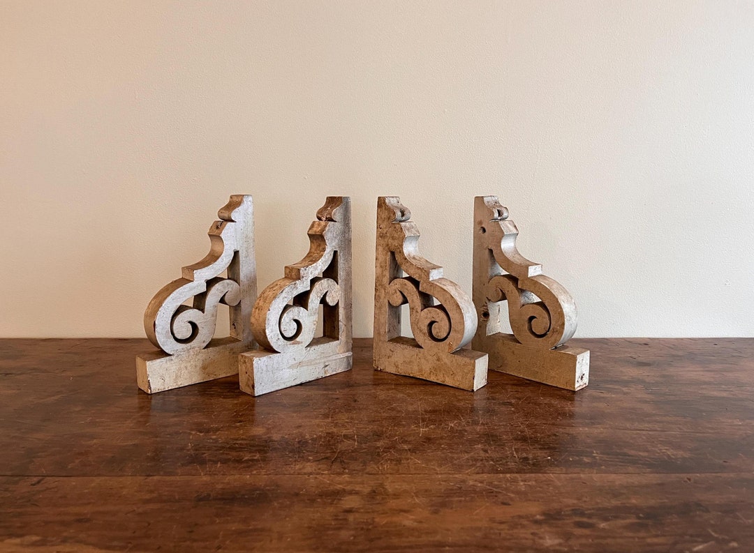 Four Solid Hardwood Fretwork Porch Brackets, Old White Paint, American ...