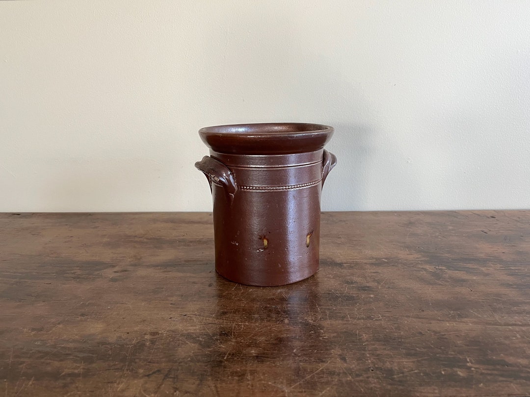Brown Glaze Stoneware Jar With Applied Lug Handles and Roulette ...