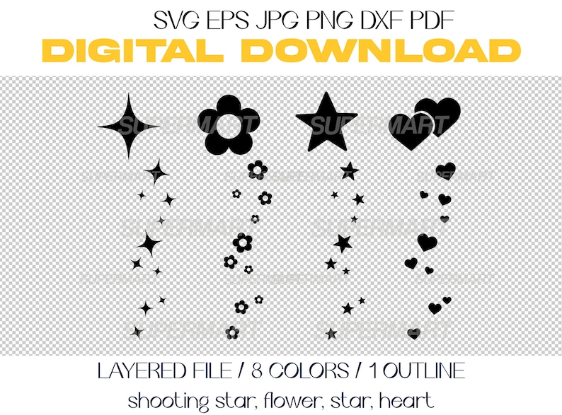 Y2K Shooting Stars, Stars, Hearts, Flowers, Daisy, SVG, Silhouette ...