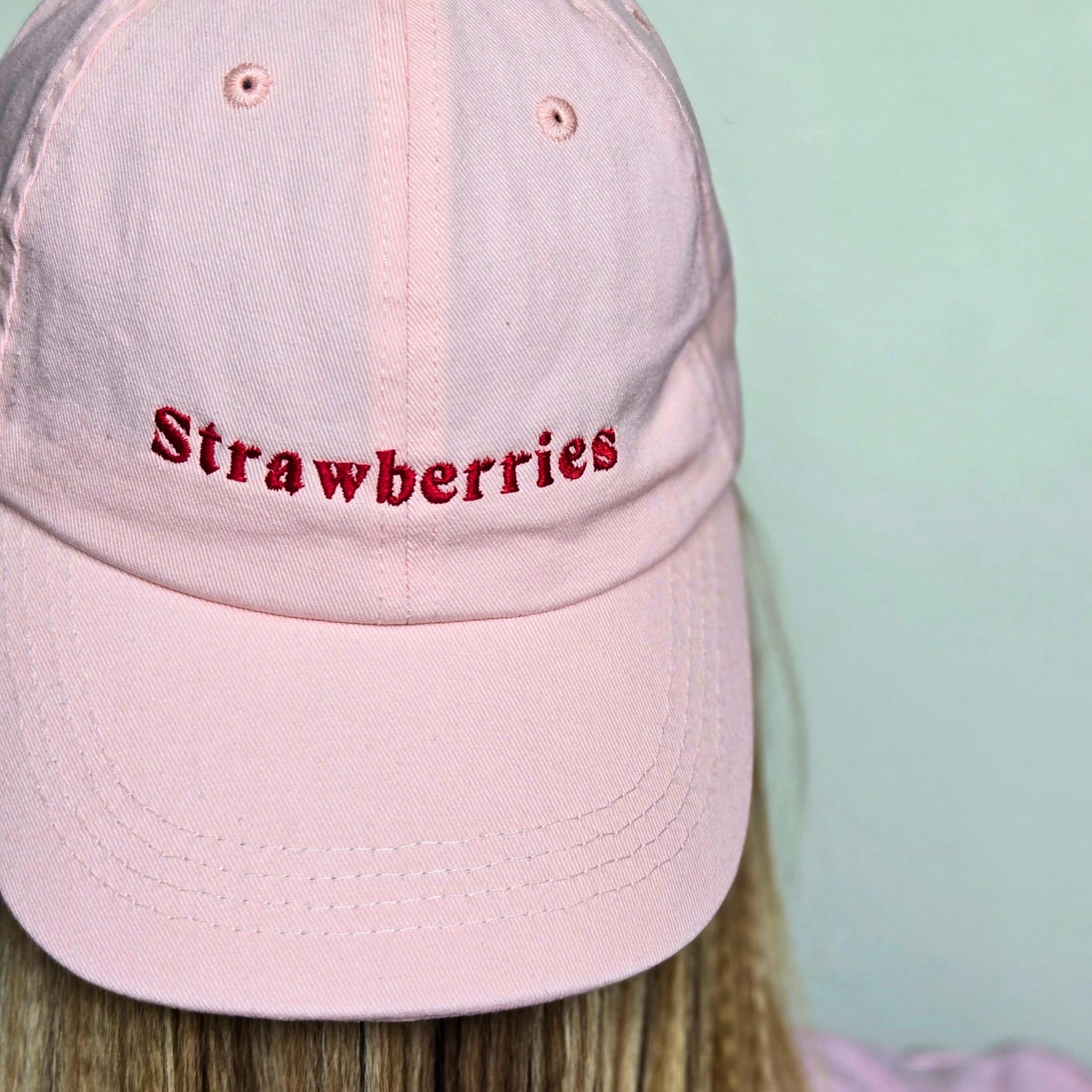 Pink Embroidered Cotton Hat Pastel Baseball Cap Cute Summer Strawberry ...