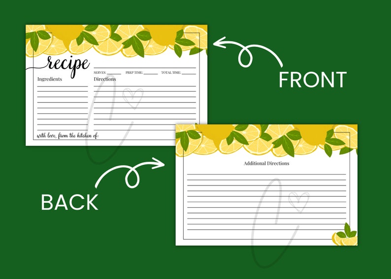 Lemon Recipe Cards Easy At-home Printable 4x6 Digital Download - Etsy