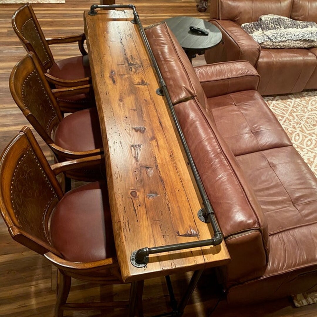 Drink Rail Sofa Bar Table Home Theatre Entertainment Table Reclaimed Wood Natural Live Edge Furniture Custom Sizes and Finishes Etsy