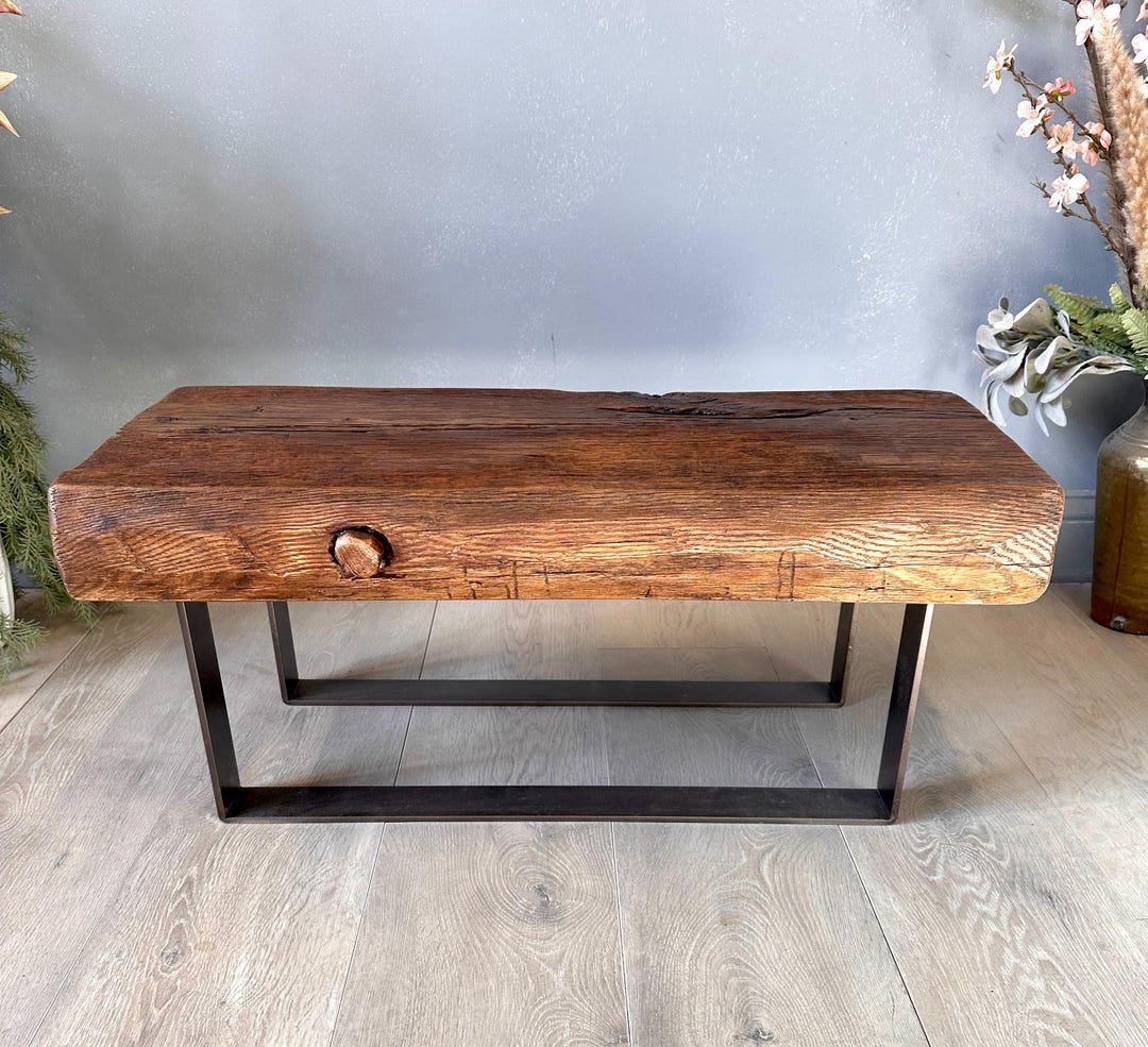 Oak Barn Beam Bench or Coffee Table, 30",modern Legs, Reclaimed Log Cabin Beam - Etsy