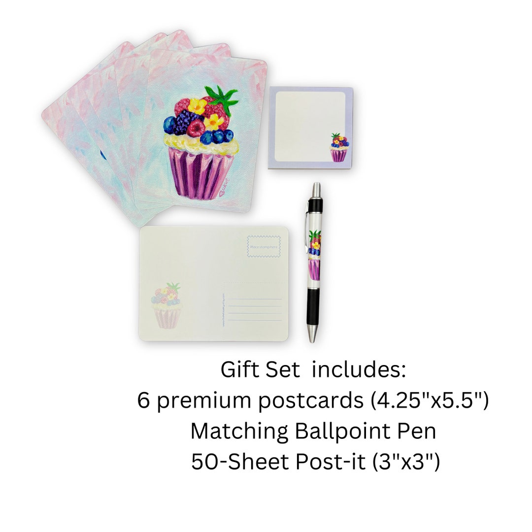Cupcake Art Stationery Gift Set: Postcards, Sticky Notes & Pen - Etsy
