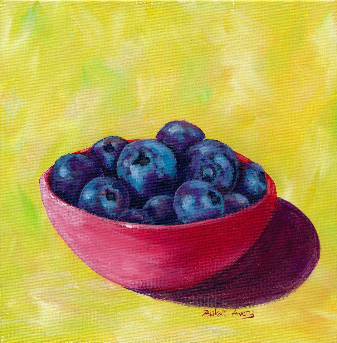 Blueberries in Red Bowl Art Print: Still Life Acrylic Painting - Etsy