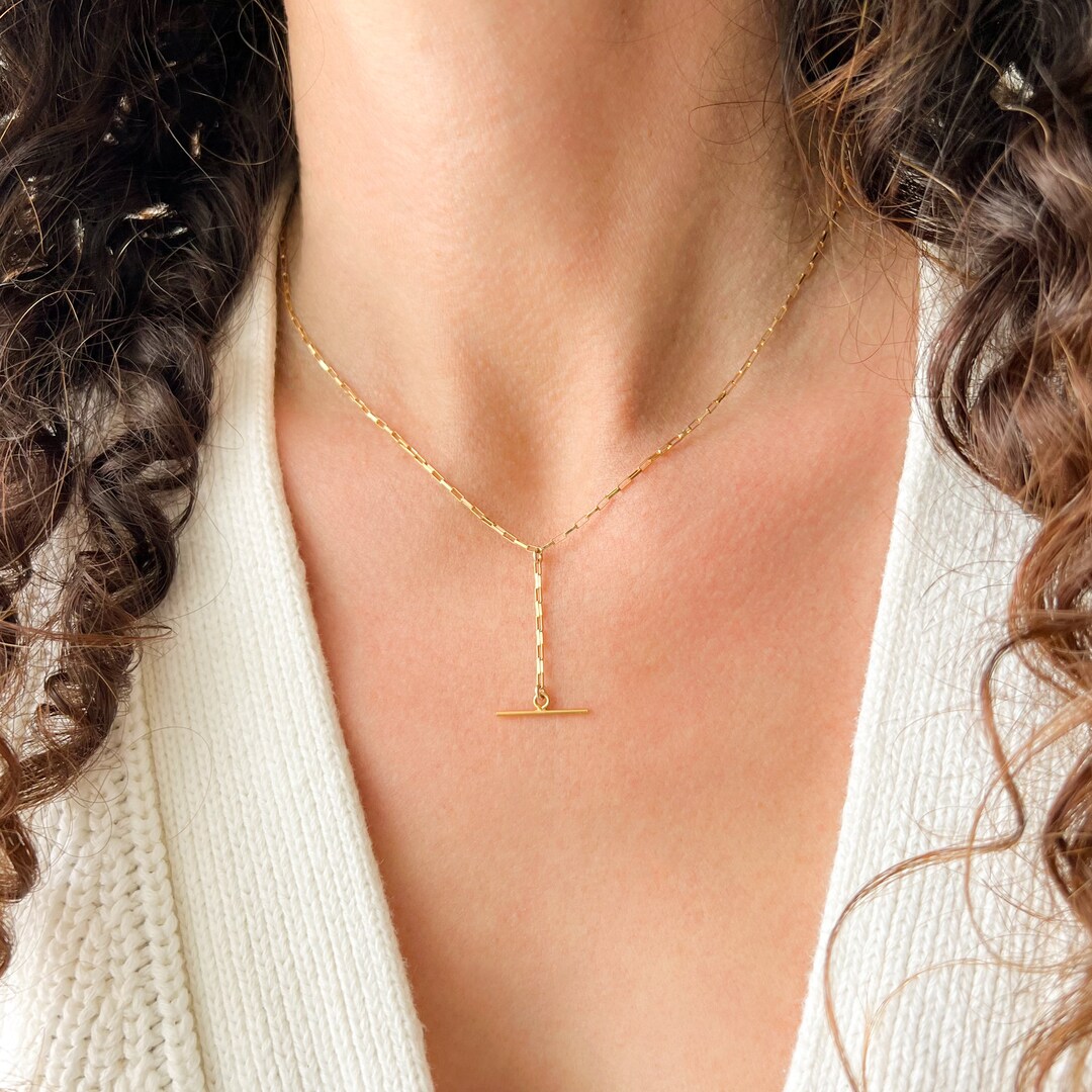 T Bar Necklace, Lariat Necklace, 14K Gold Filled Chain Necklace, Drop ...