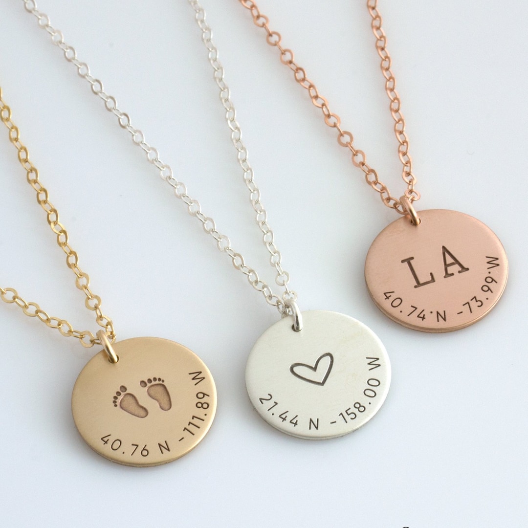 Coordinates Circle Necklace, Latitude Longitude Jewelry, GPS Location ...