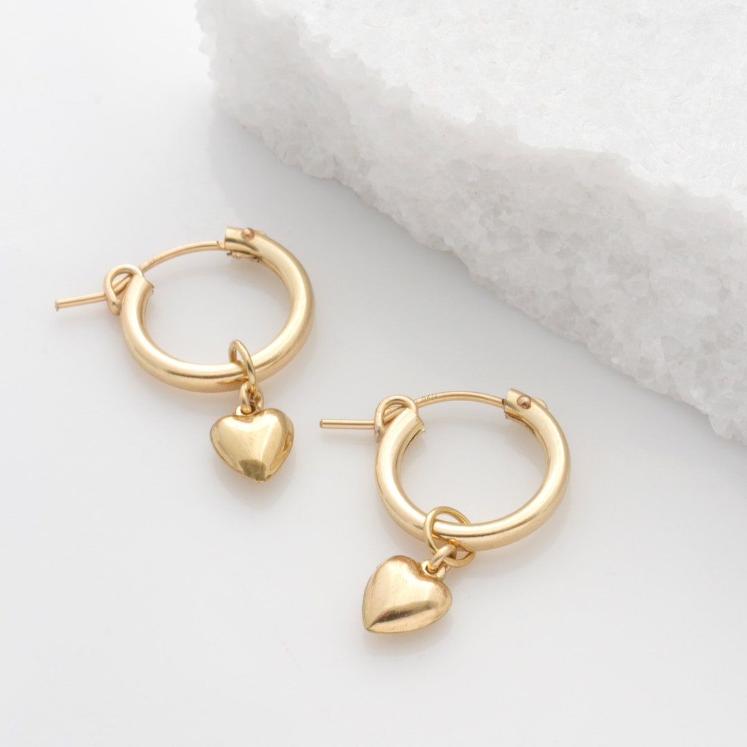 Gold Heart Hoops, Hoop Earrings, Heart Charm Earrings, Sterling Silver ...
