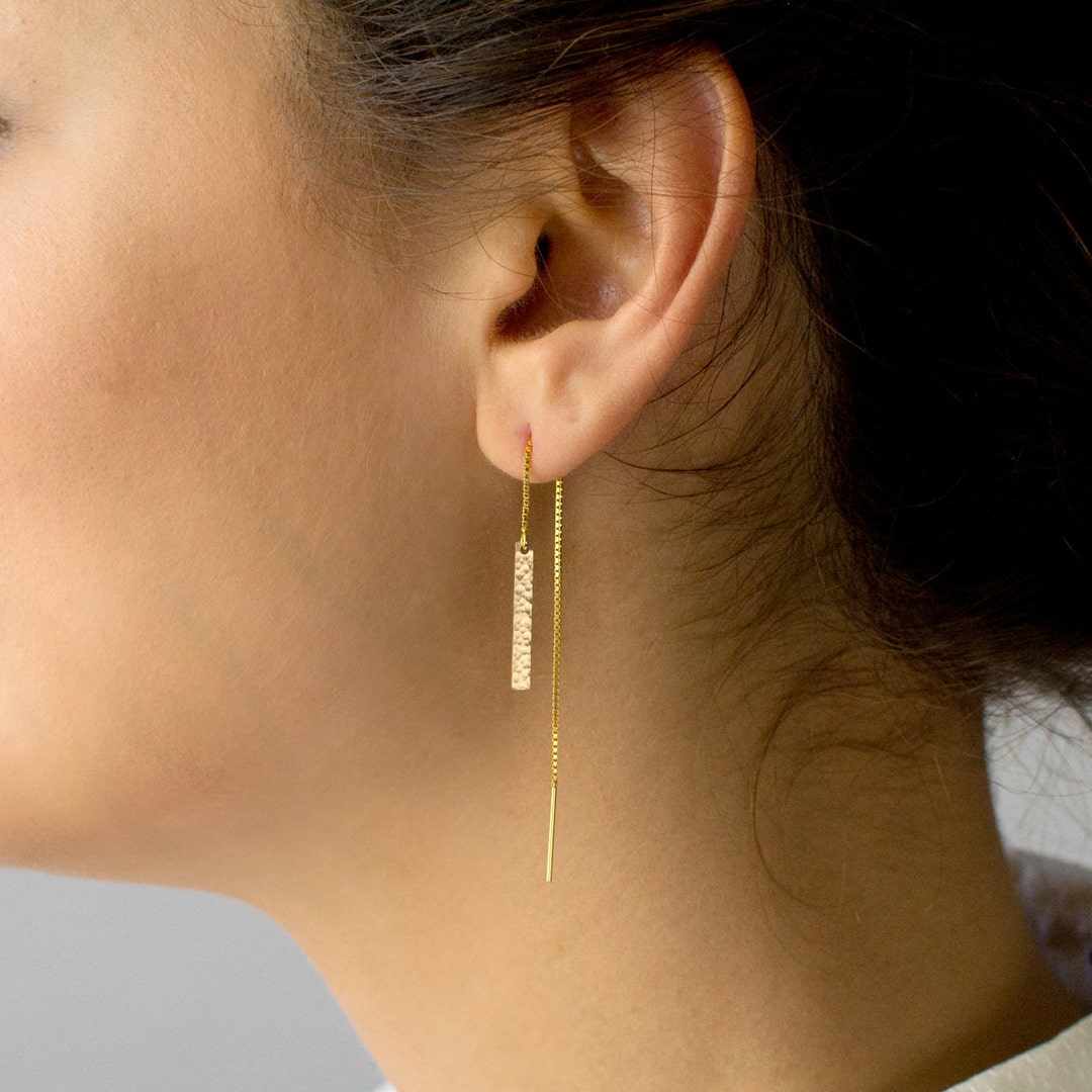 Long Chain Earrings,threader Earrings,dainty Gold Bar Threader Earrings ...