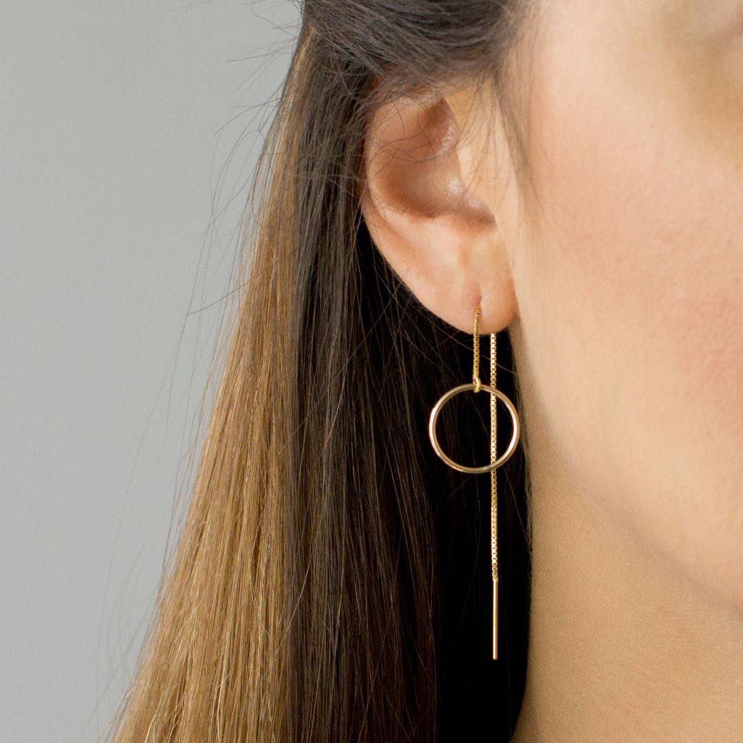 Circle Threader Earring, Drop Earrings, Gold Threader Earrings ...