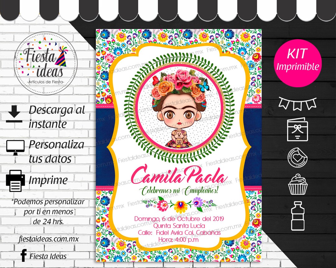 Frida Kahlo KIT Invitation, Banner and Stickers, Frida Kahlo Mexican ...