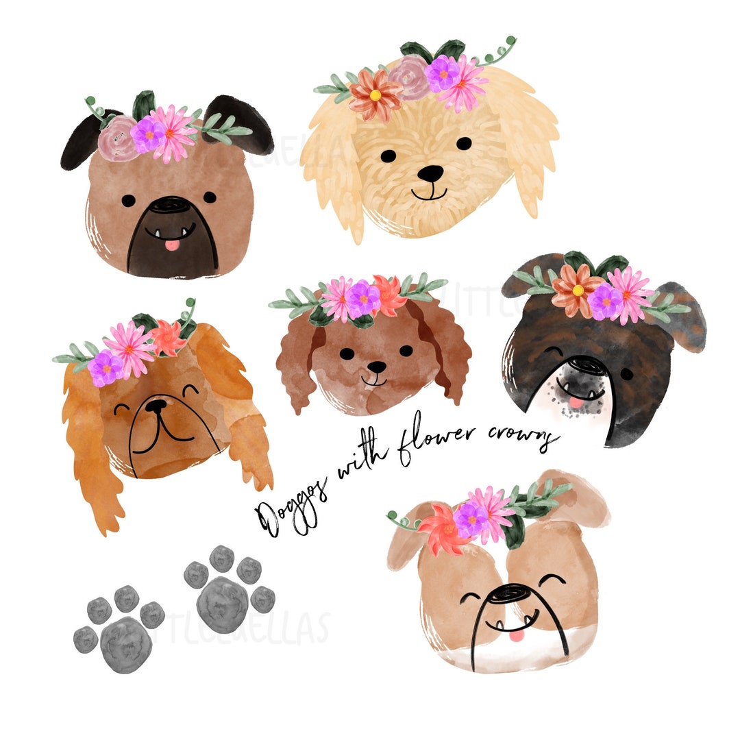 Dog Clipart, Dog Flower Crowns, Flower Crown, Flower Clipart, Puppy ...