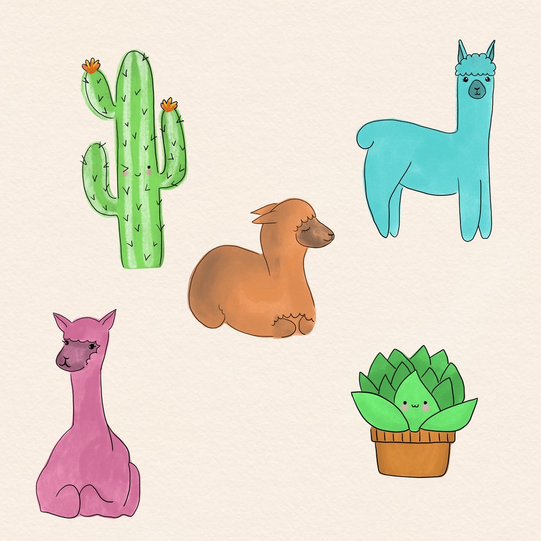 Lama Clipart, Alpaca Clipa Art, Llama, Cactus, Cute, Kawaii, Birthday ...