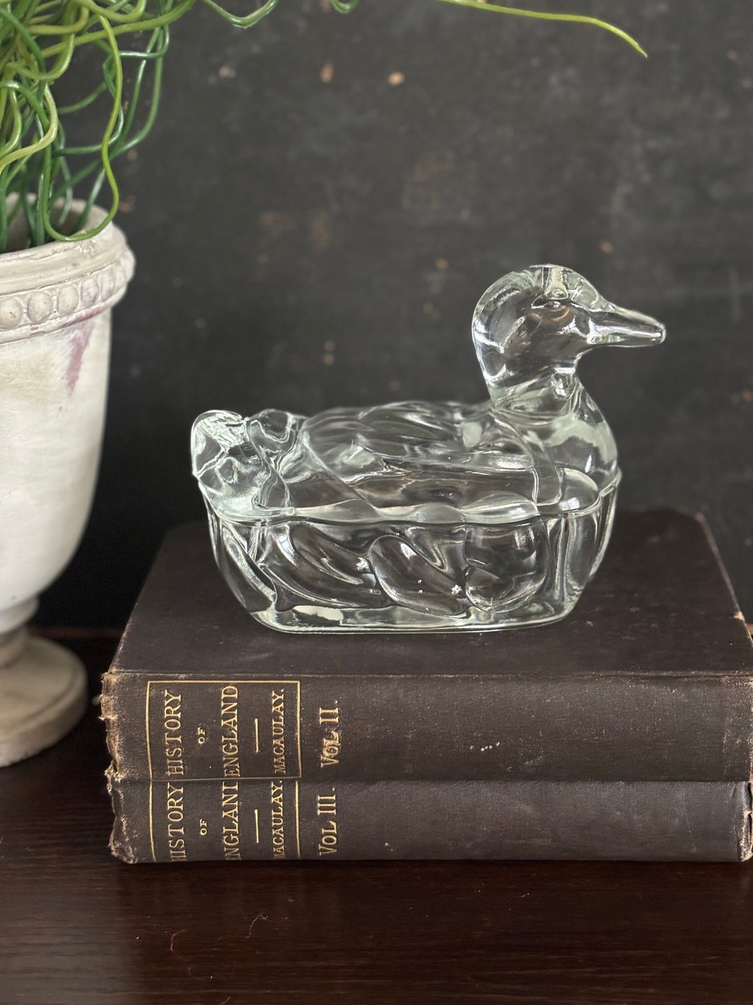 Charming Vintage L E Smith Glass Duck Covered Dish Trinket Tray Duck on Nest Cigarette Holder ...