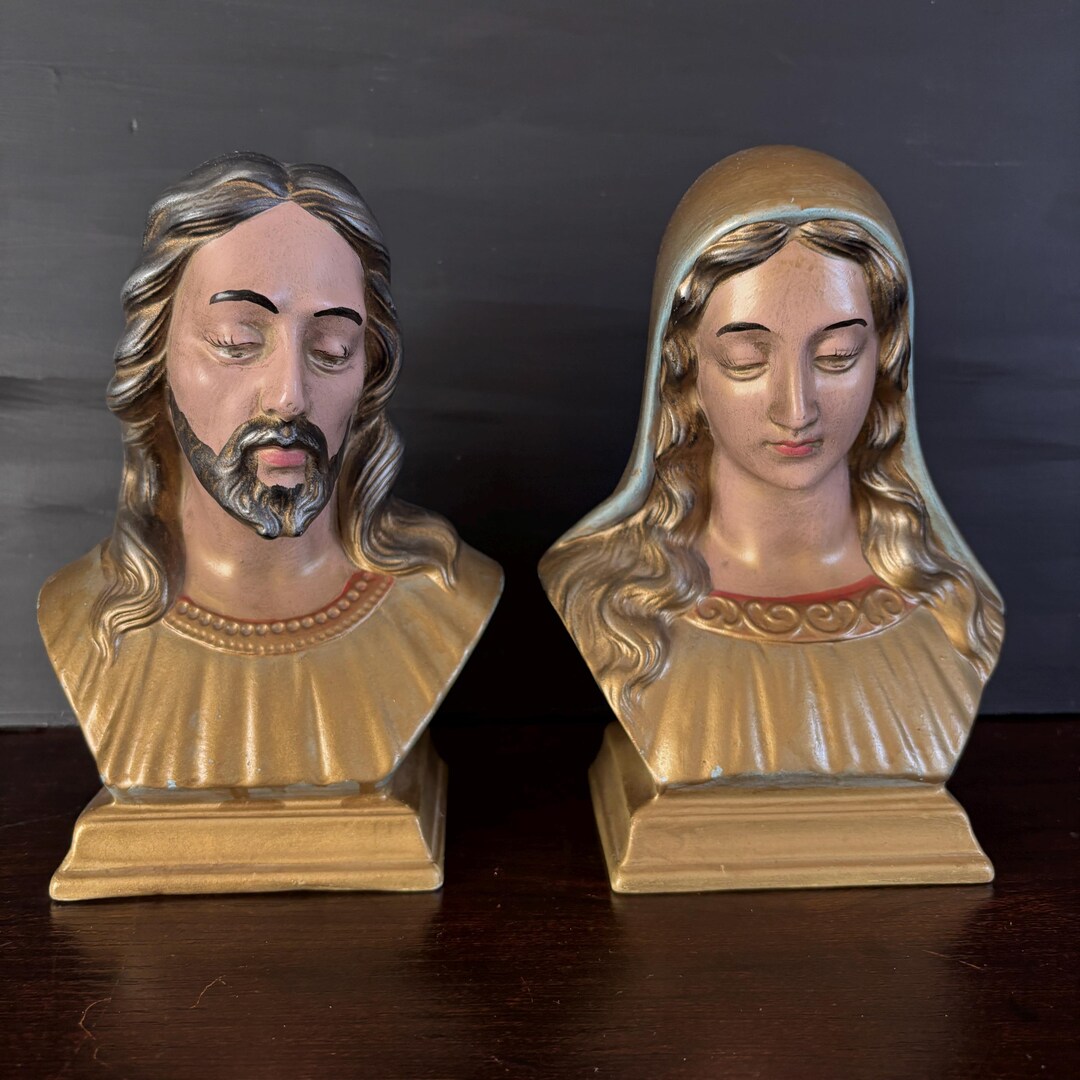 Vintage Plaster Jesus and Mary Bookends Holland Mold Handpainted ...