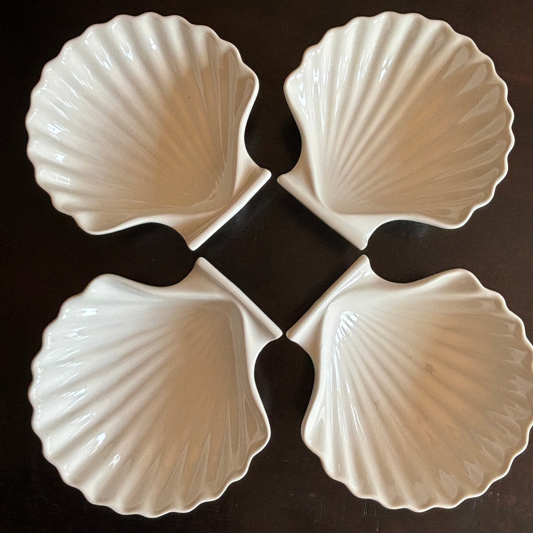 Vintage Set of 4 Ceramic Seashell Dishes White Ceramic Dishes Gourmet ...