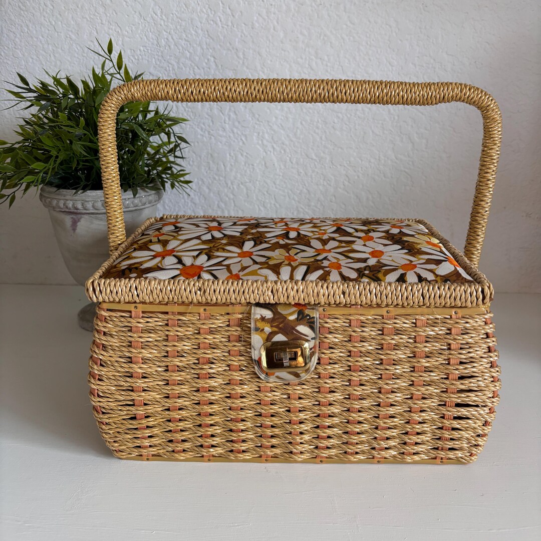 Vintage Wicker Sewing Basket Fully Lined With Brown White Orange Satin ...