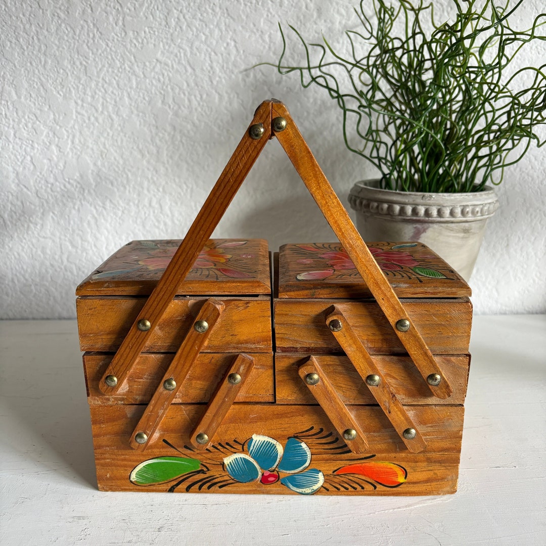 Vintage Wooden Sewing Craft Box With Colorful Floral and Accordion ...