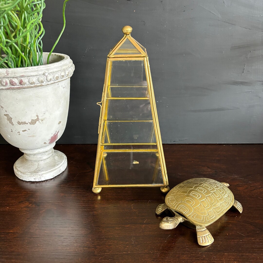 Vintage Clear Glass Obelisk Display Box Glass and Brass Three Shelves ...