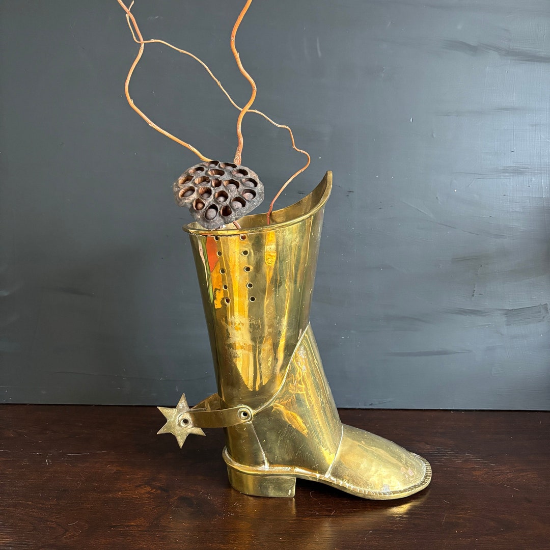 Vintage Large Brass Boot With Spur Made in India Boot Vase Cowboy Ranch ...