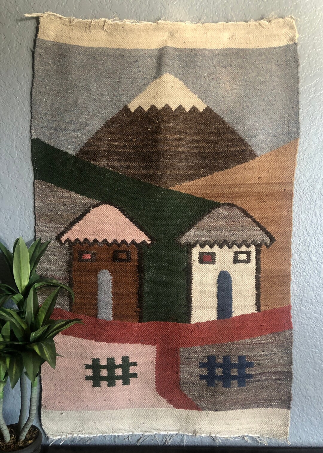 Charming Vintage Peruvian Rug Wall Hanging Houses Machu Pichu World ...