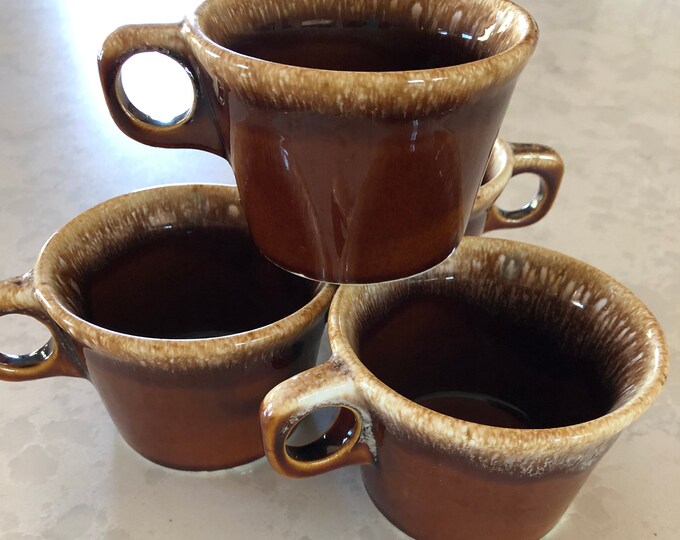 Vintage Set of 4 Brown Drip Hull Mugs Glazed Coffee Cups O Finger ...
