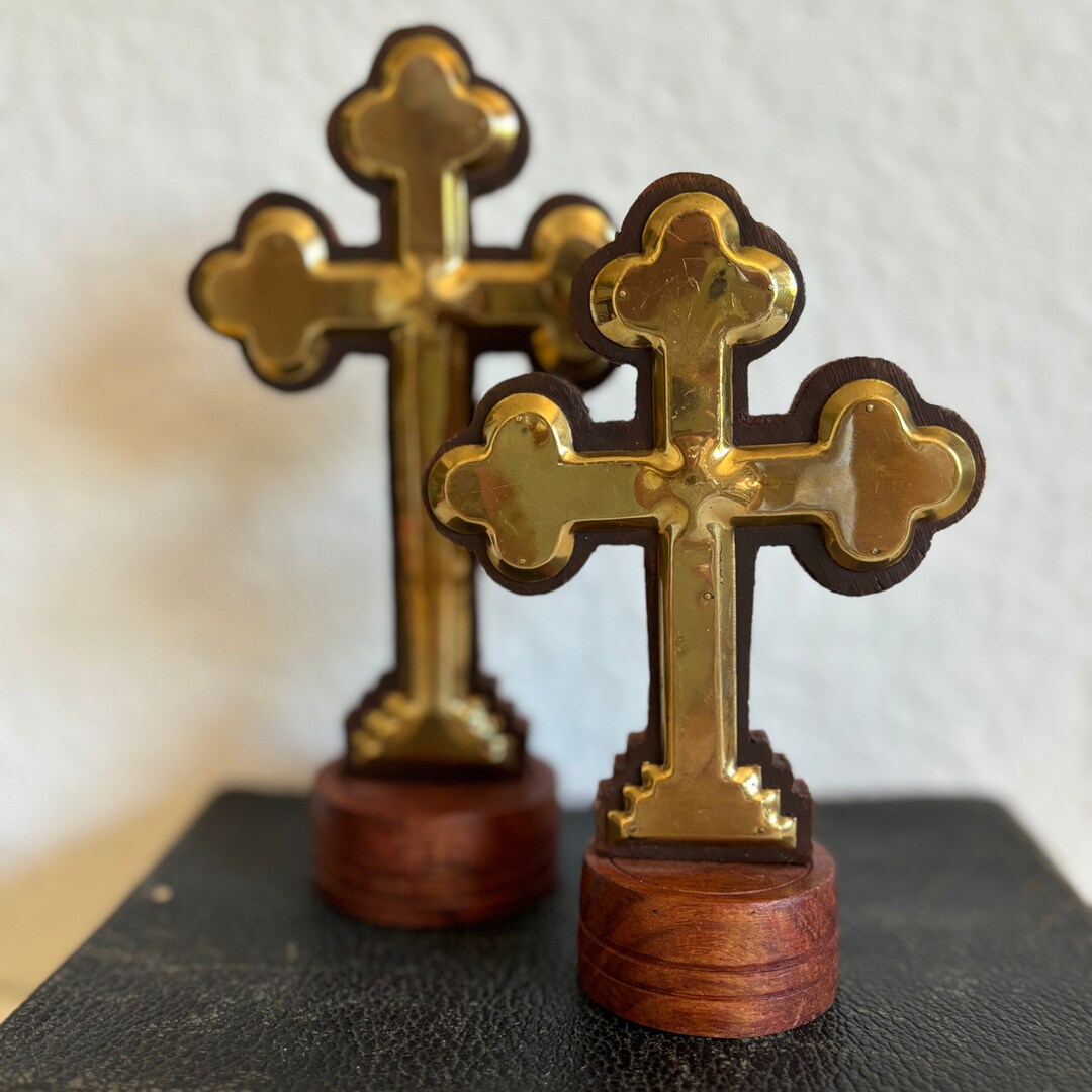 Vintage Hand Carved Wood Crosses Set of Two With Brass Details ...