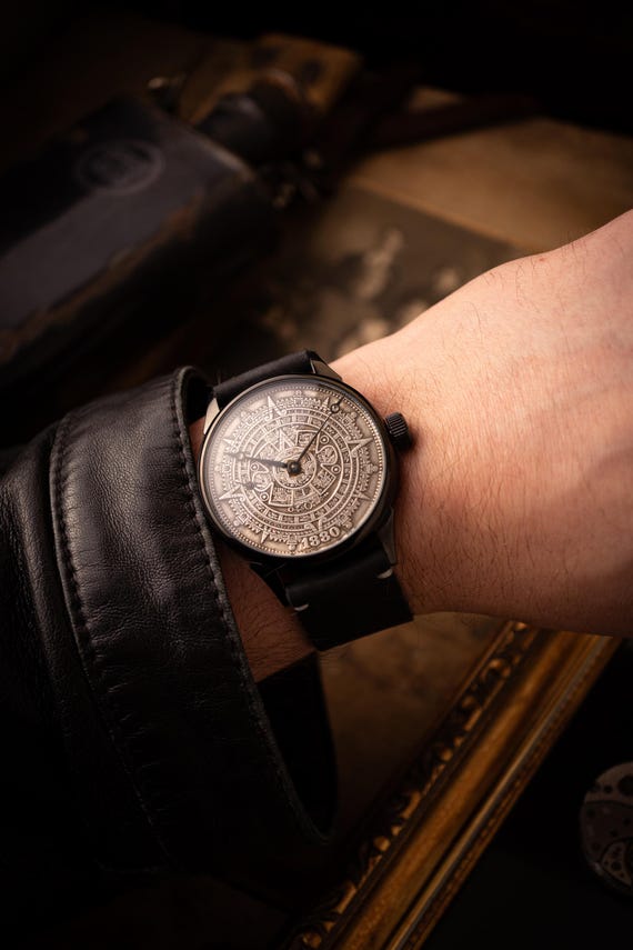 Vintage watch, Aztec calendar watch, black watch, wat… - Gem