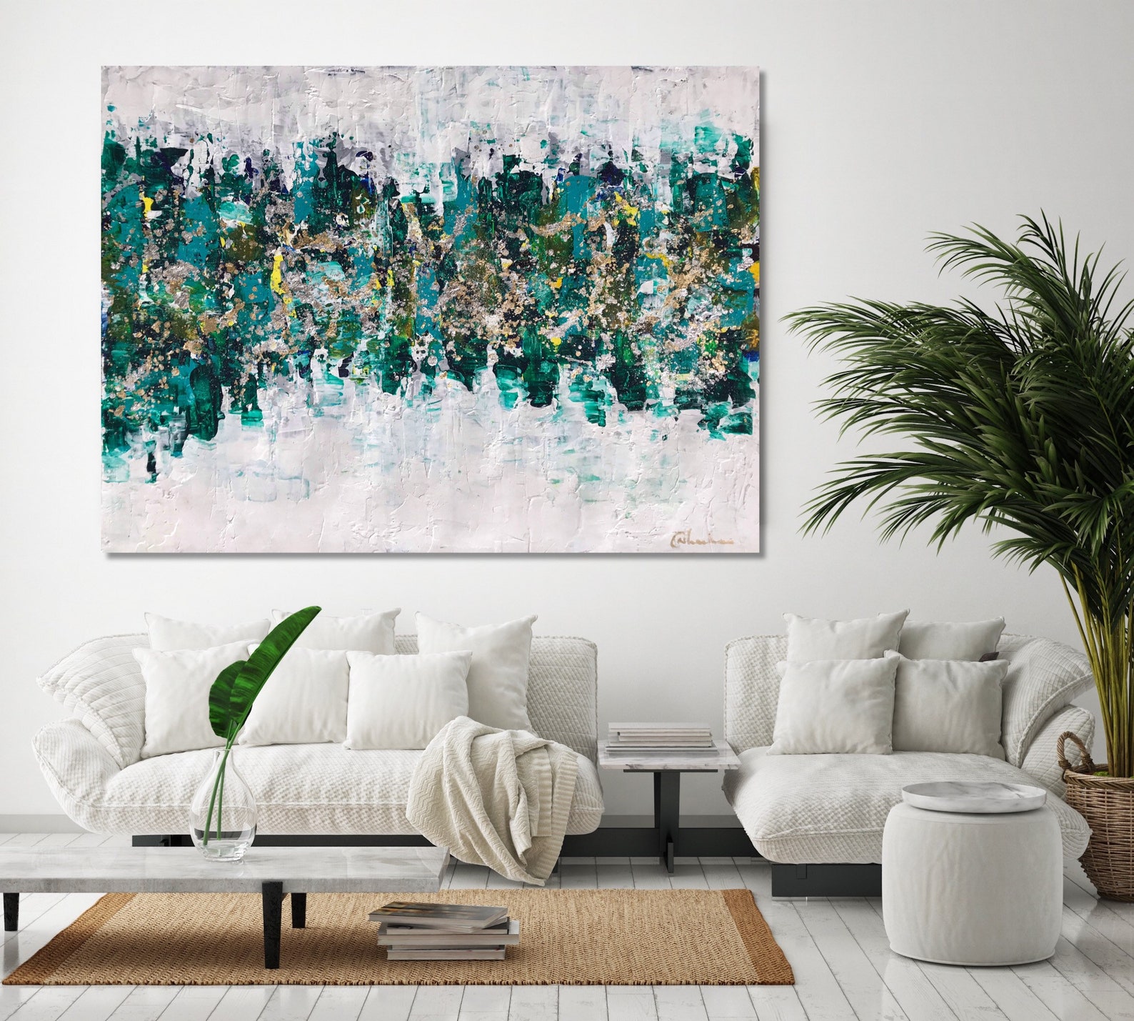 Green Abstract Artwork, Teal Green Texture Painting on Canvas, Large ...