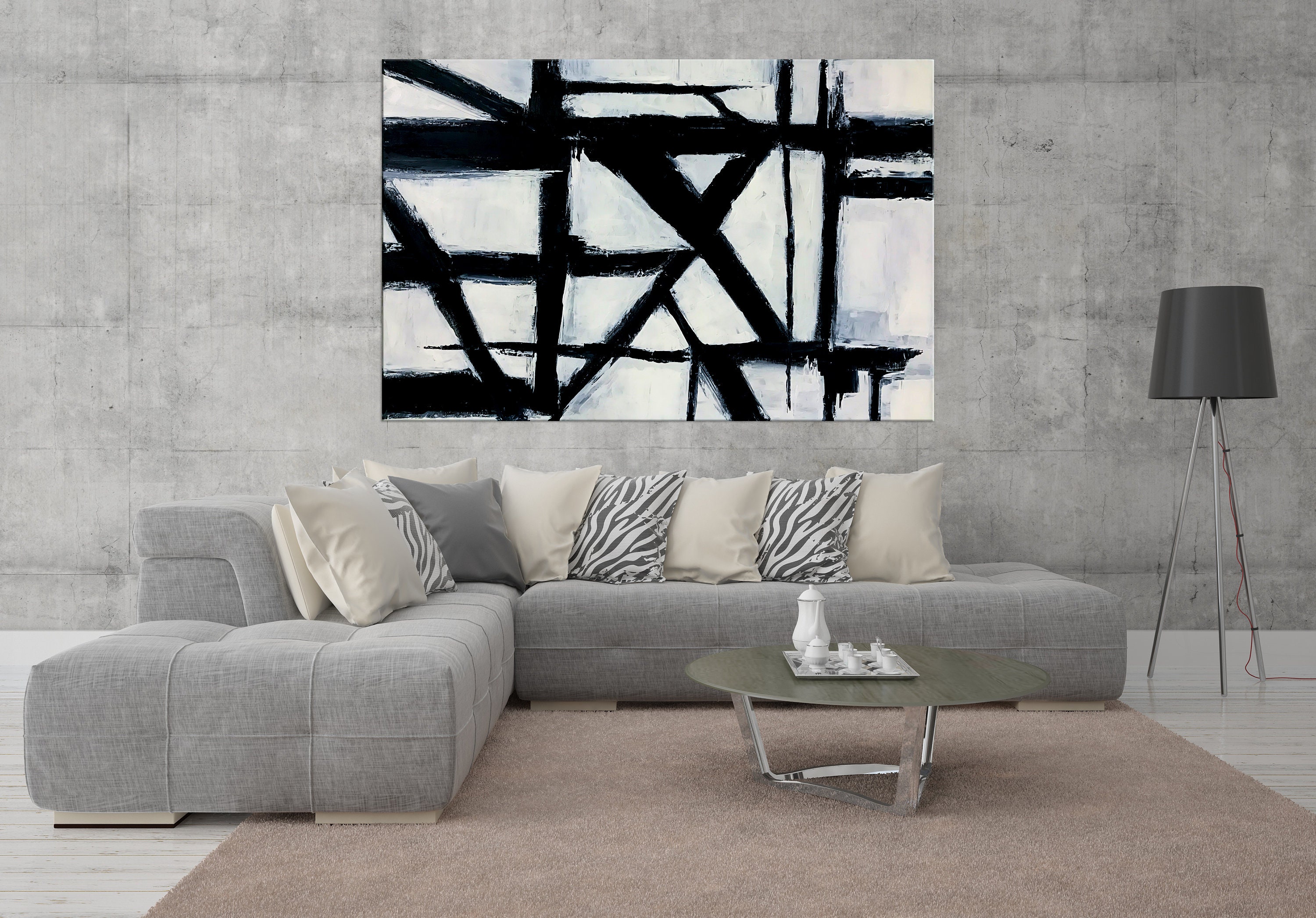 Black and White Abstract Monochrome Art, Minimalist Art on Canvas ...