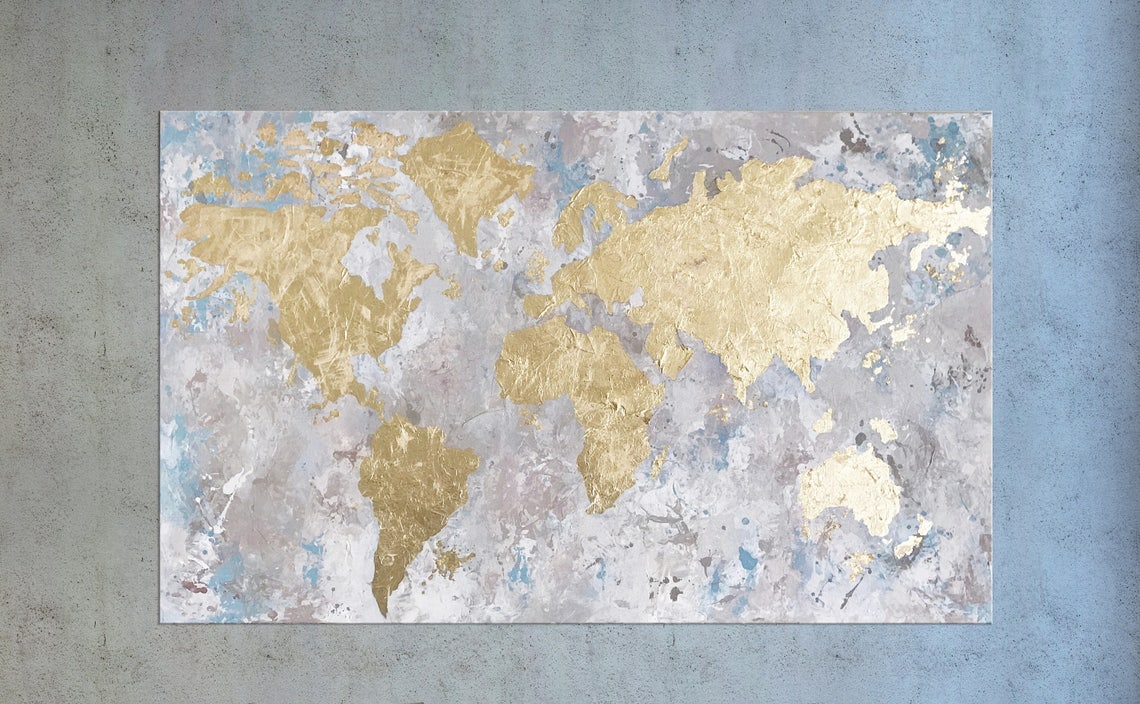 Gold Leaf World Map Canvas, Map of the World, World Map Wall Art Gold ...