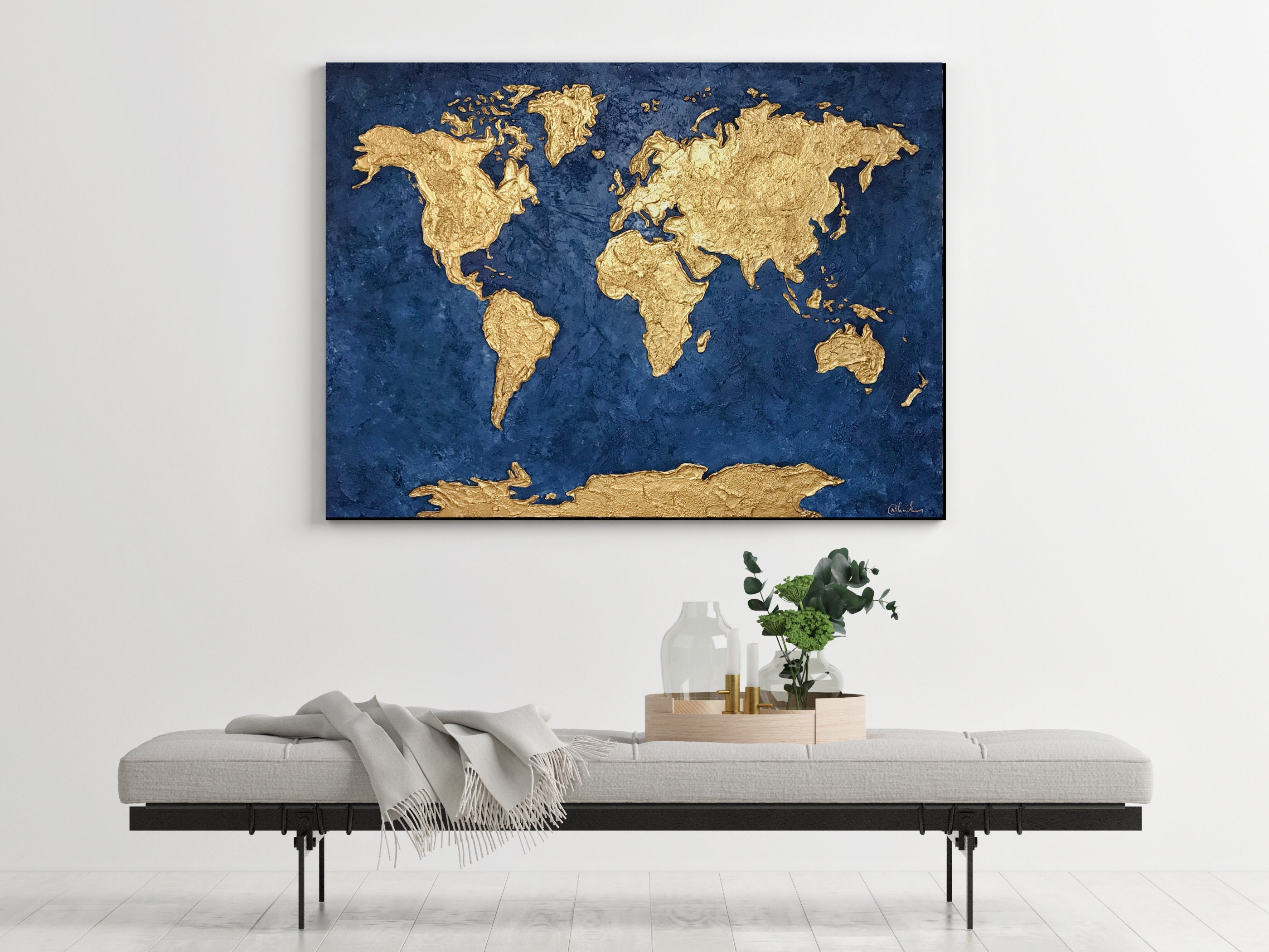Gold World Map Painting, Blue Gold Map, Textured World Map Art, Extra ...