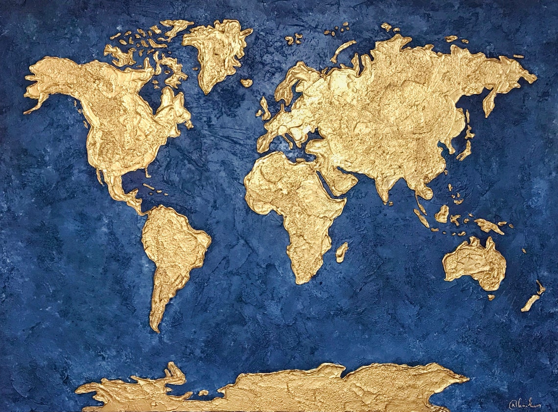 Gold World Map Painting Blue Gold Map Textured World Map - Etsy