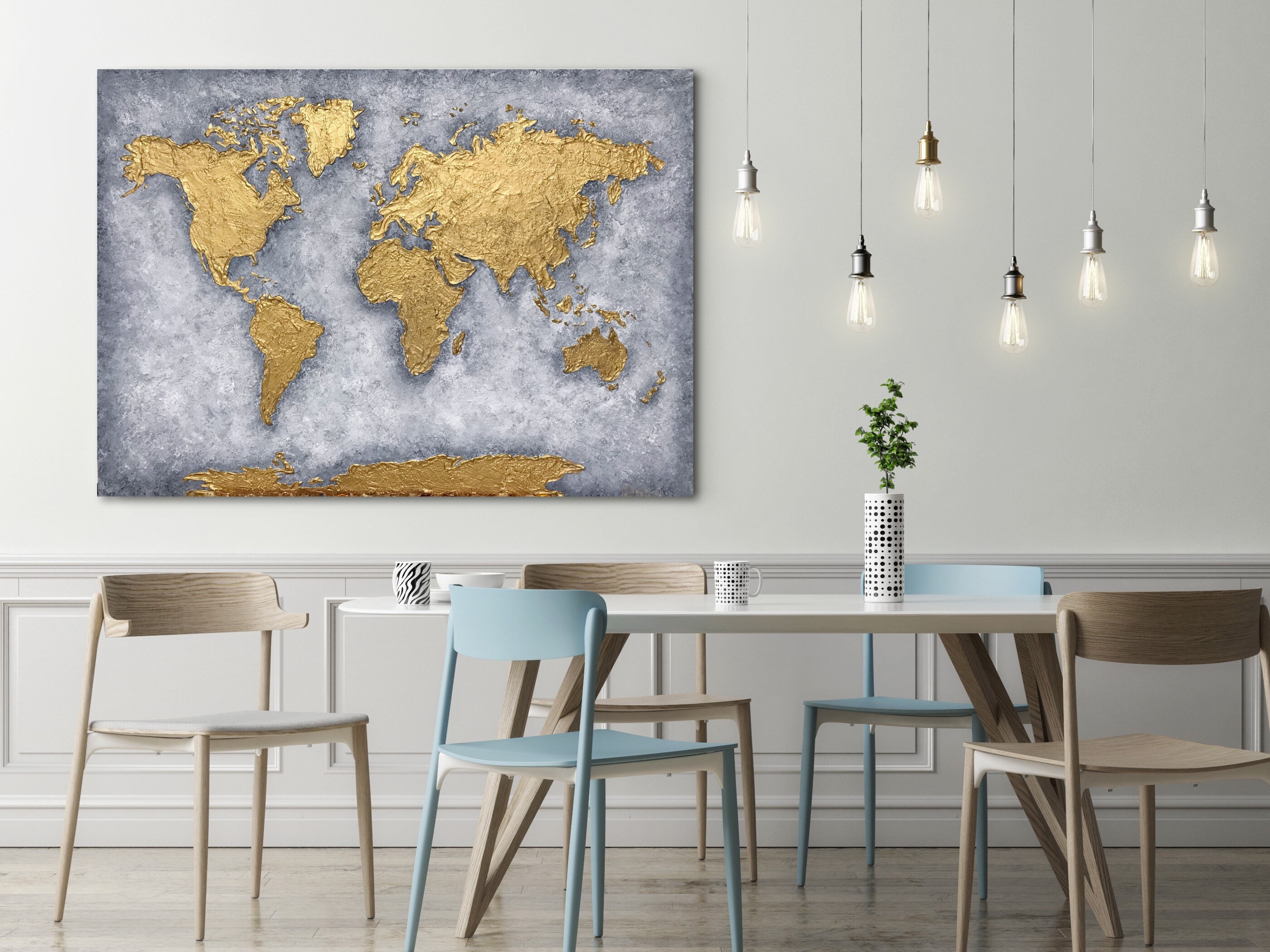 Map of the World, Large Map Painting Modern Canvas Art, World Map ...