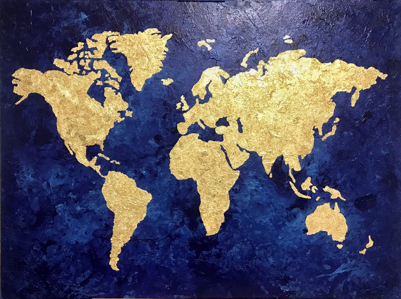 Gold Leaf Painting, World Map Canvas, Navy Blue Gold, World Map Wall ...