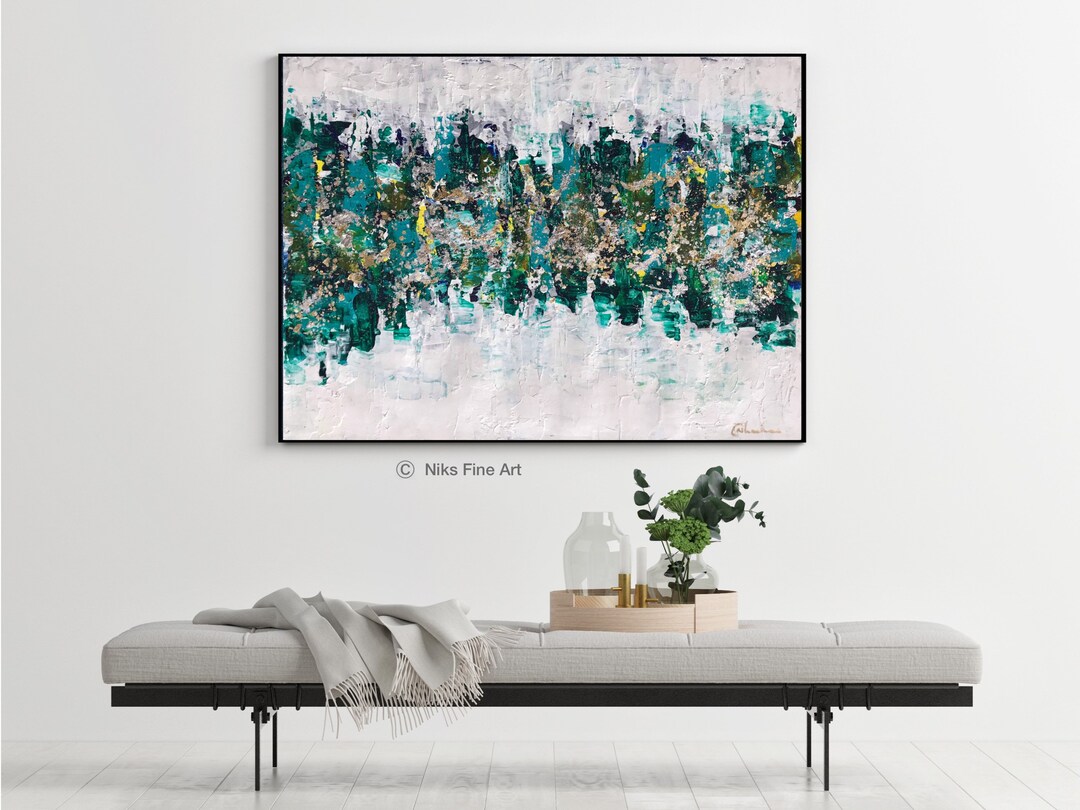 Green Abstract Artwork, Teal Green Texture Painting on Canvas, Large ...