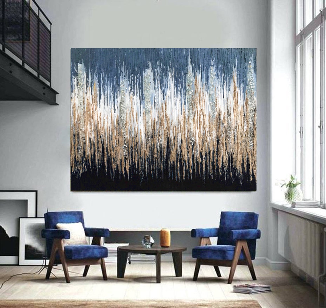 Blue Gold Art Texture Art Painting on Canvas Large Abstract Modern Art ...