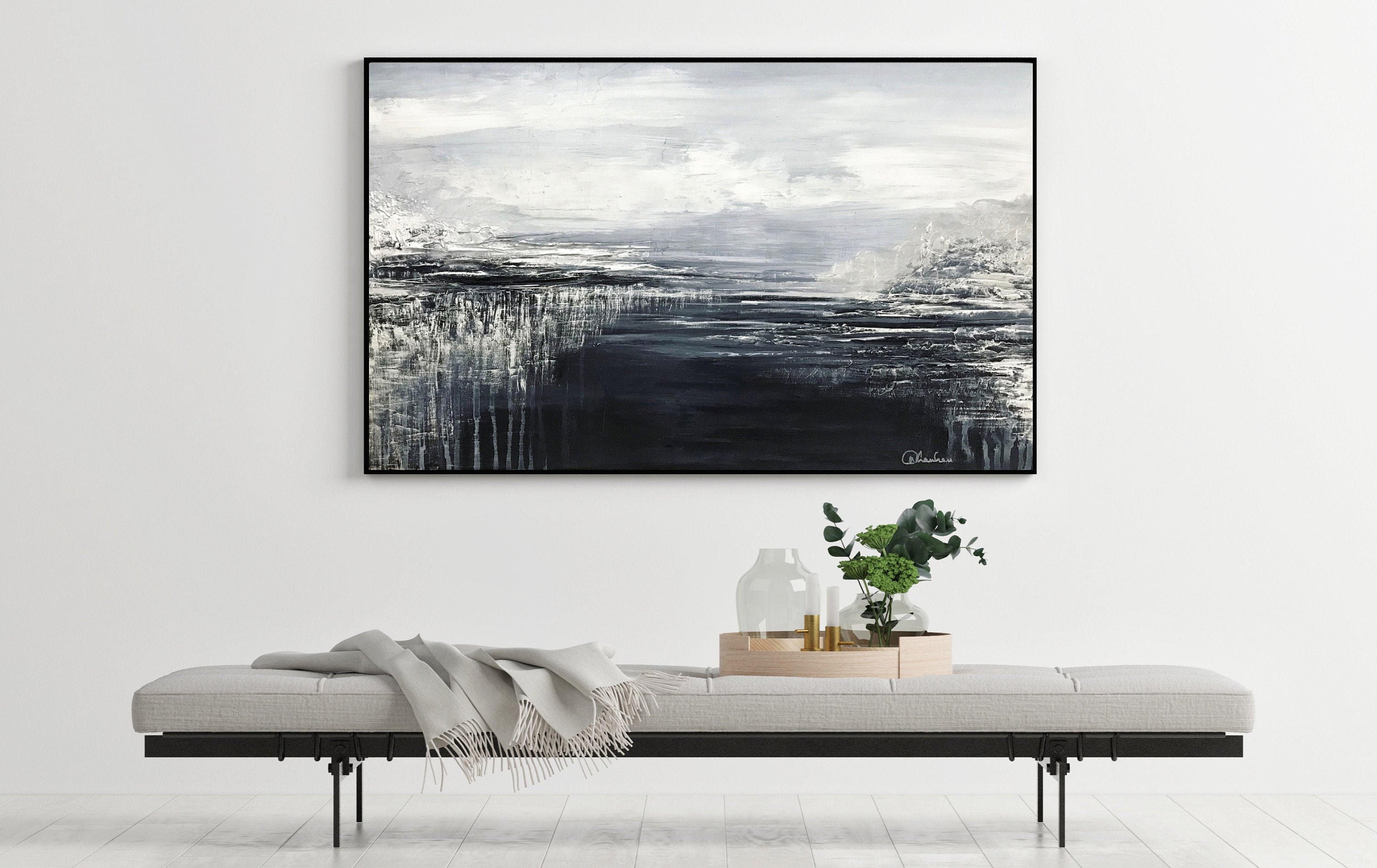 Abstract Silver Landscape Painting, Grey Textured Art, Modern Living ...