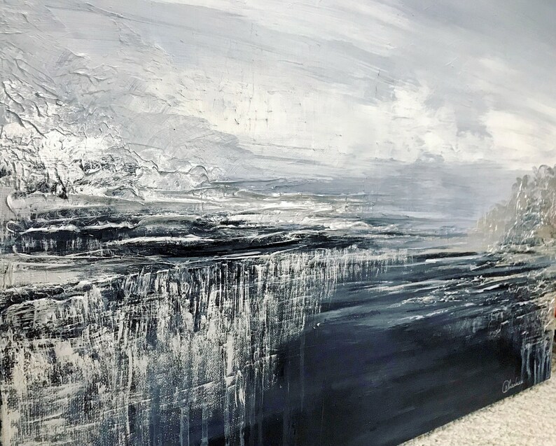 Abstract Silver Landscape Painting, Grey Textured Art, Modern Living ...
