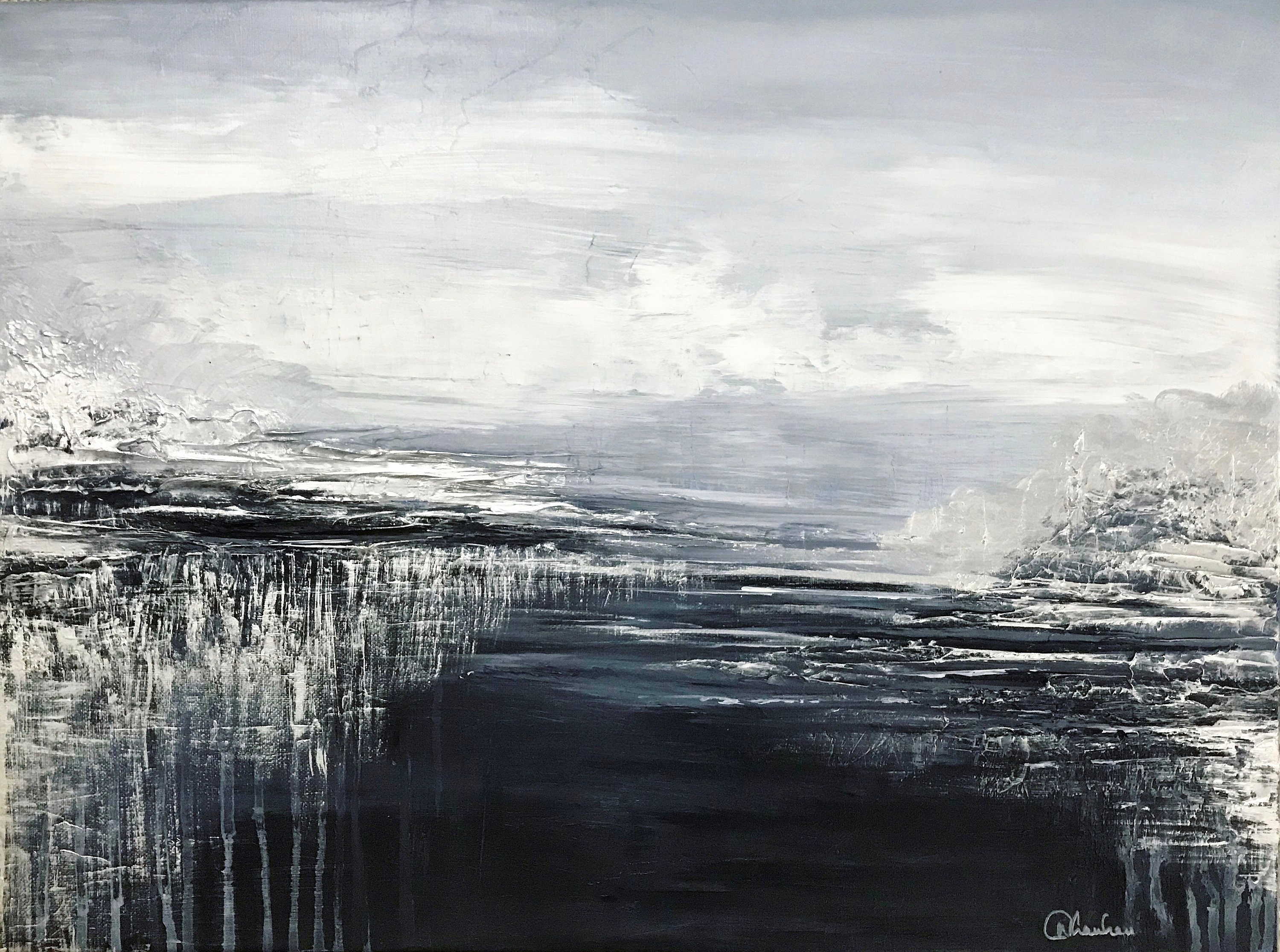 Abstract Silver Landscape Painting, Grey Textured Art, Modern Living ...