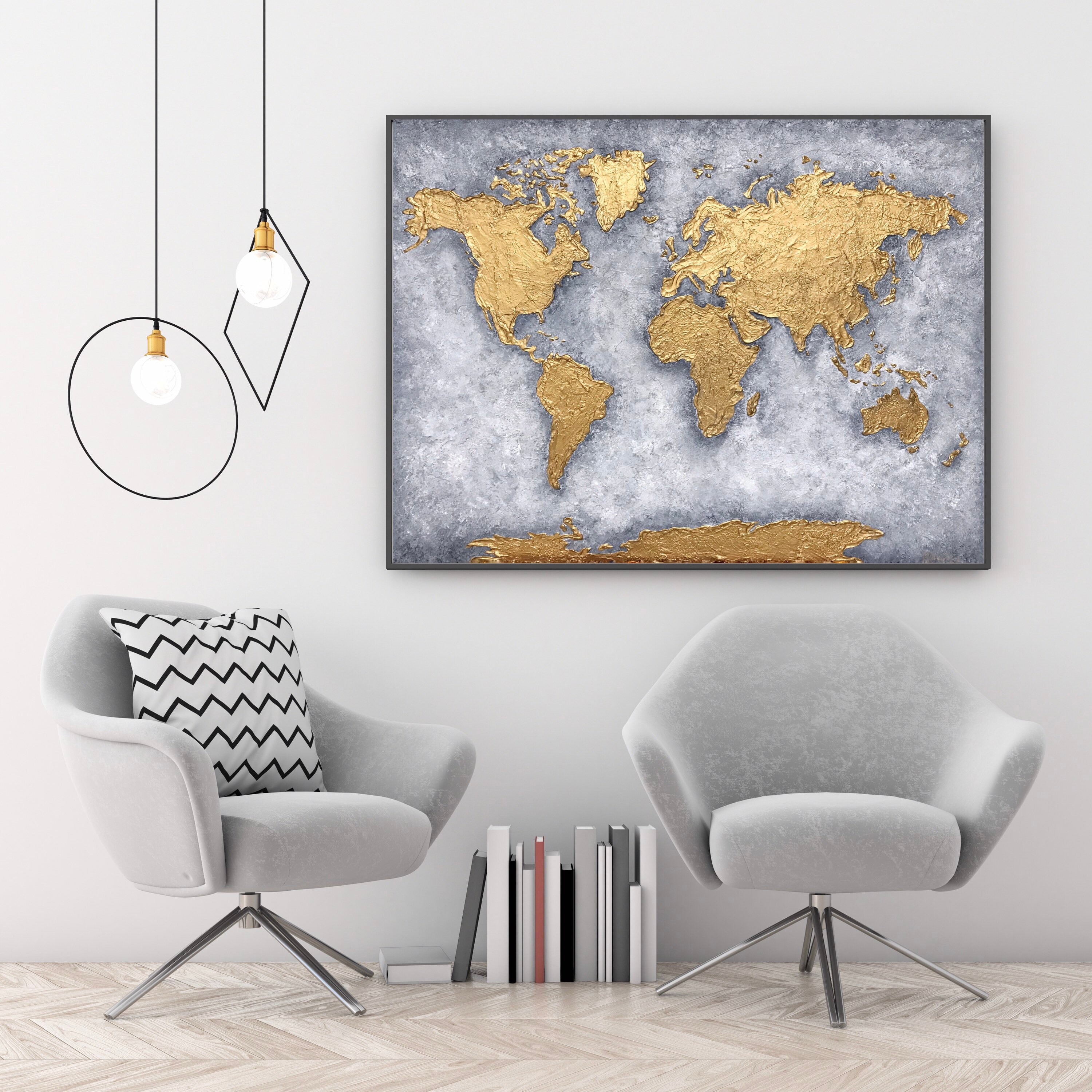 Map of the World, Large Map Painting Modern Canvas Art, World Map ...