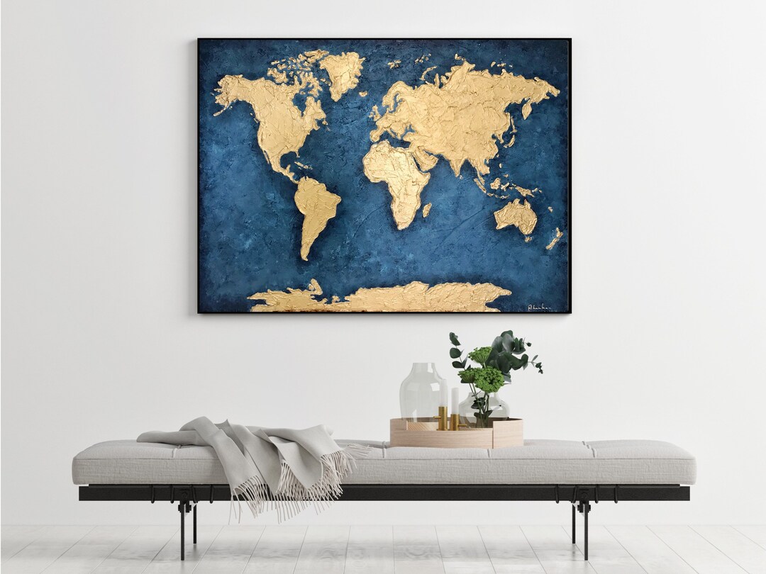 World Map Painting, Textured World Map Wall Art, Extra Large Painting ...