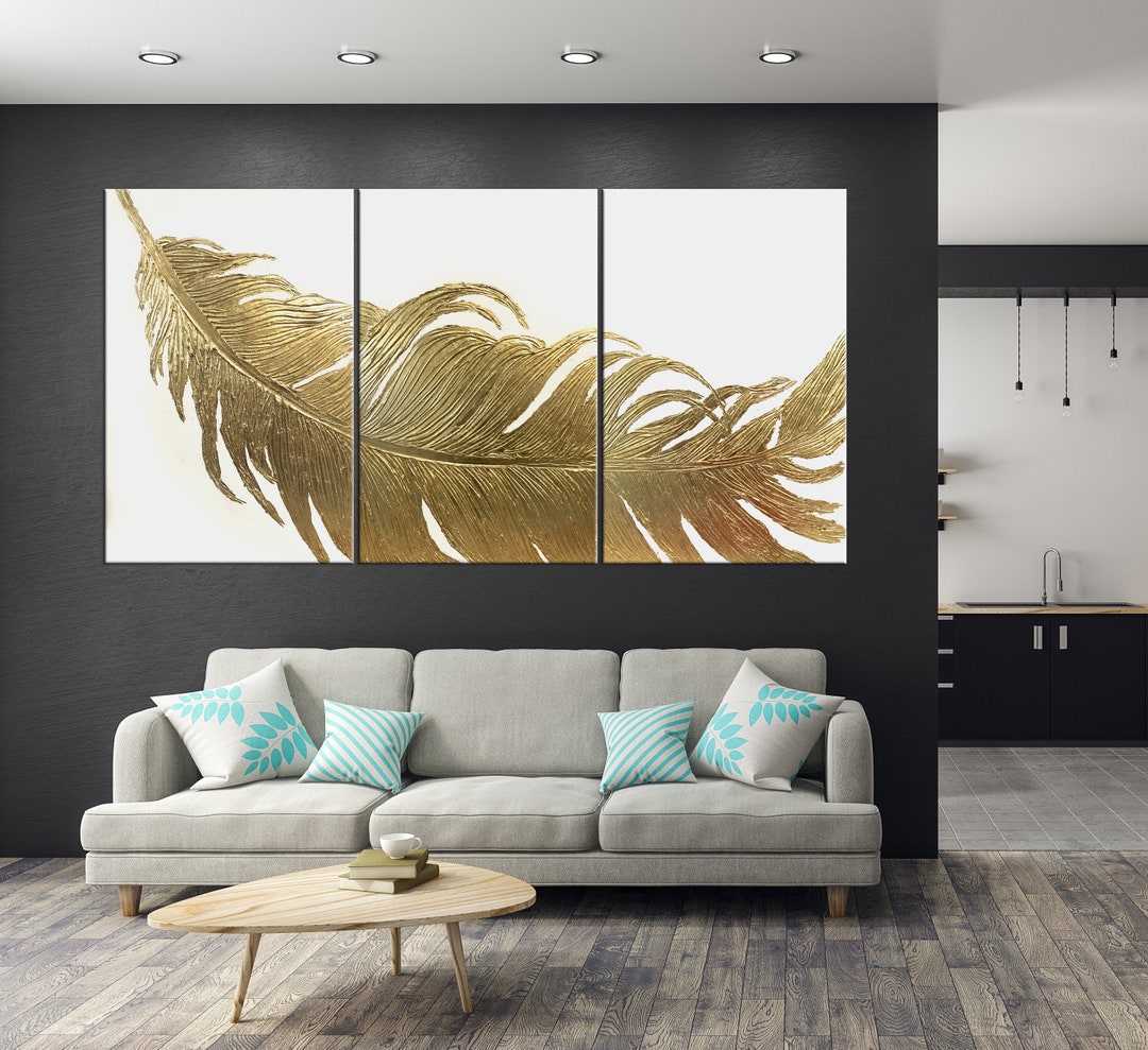 Gold Feather Painting, Chic Decor, Textured Painting Gold Leaf Art ...